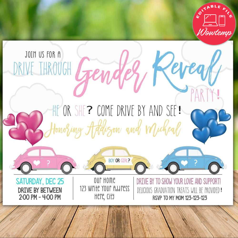 Printable Car Parade Gender Reveal Invitation Instant Download | Wowtemp