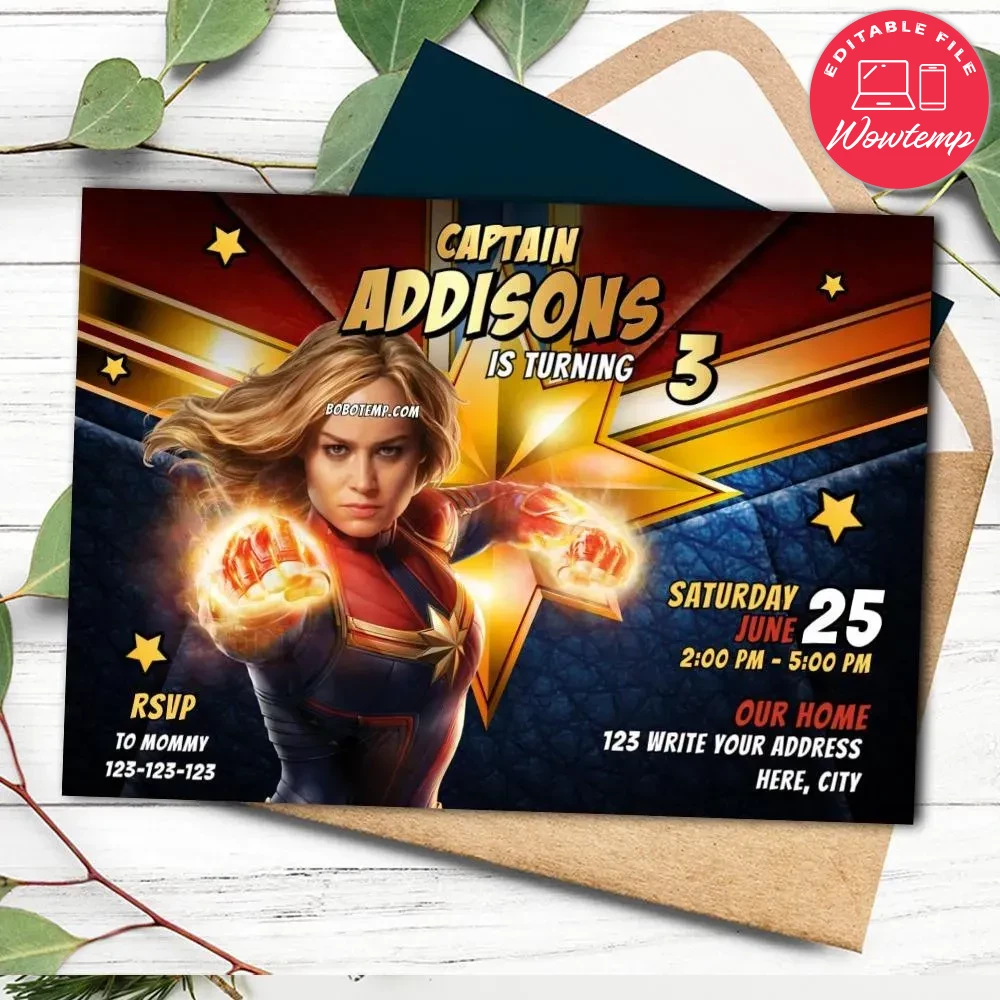 Editable Captain Marvel Birthday Invitation Instant Download | Wowtemp