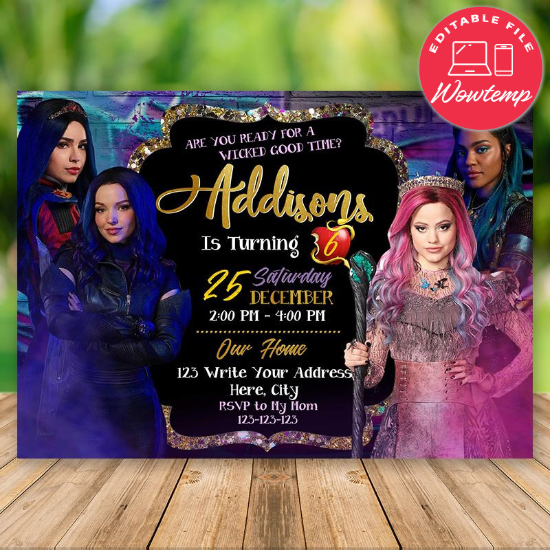 Editable Descendants 3 Party Invites For Girl Free Thank You Card | Wowtemp