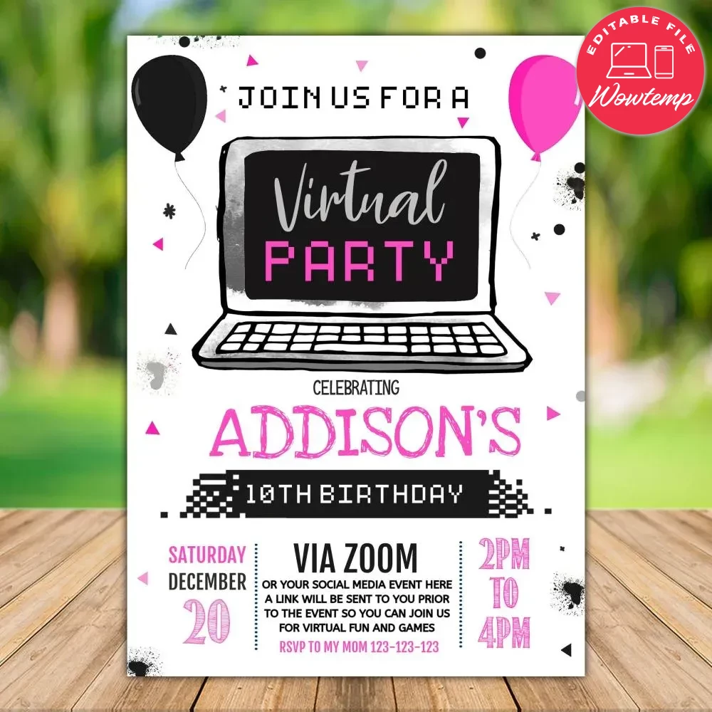 Printable Quarantine Zoom Birthday Party Invitation for Girl DIY | Wowtemp