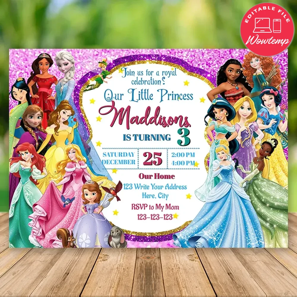 Editable Disney Princess Birthday Flyer Print at Home | Wowtemp