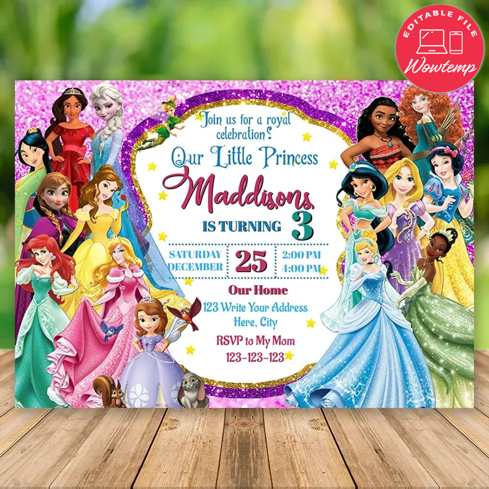 Editable Disney Princess Birthday Flyer Print at Home | Wowtemp