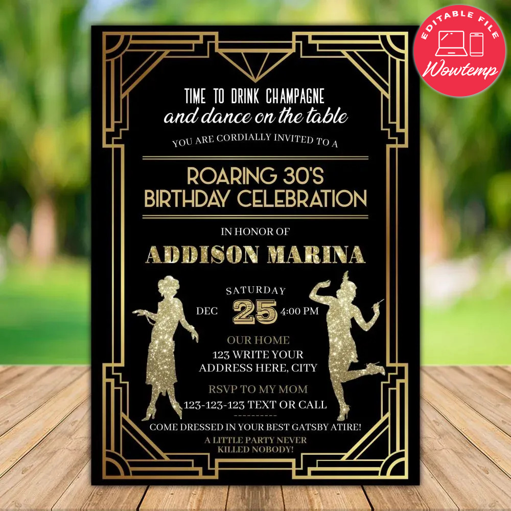 Editable Roaring 30's Birthday Flyer Instant Download | Wowtemp