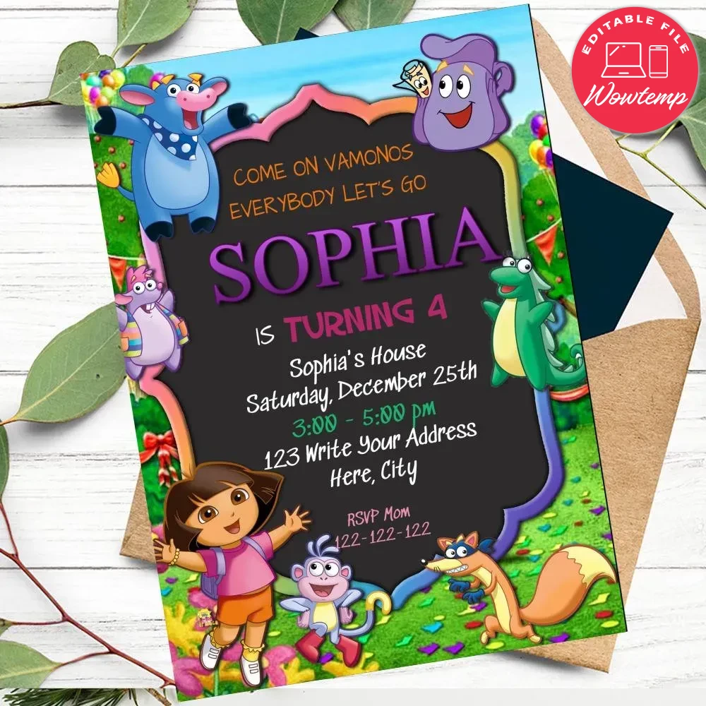 Editable Dora The Explorer Chalkboard Invitation Digital File | Wowtemp