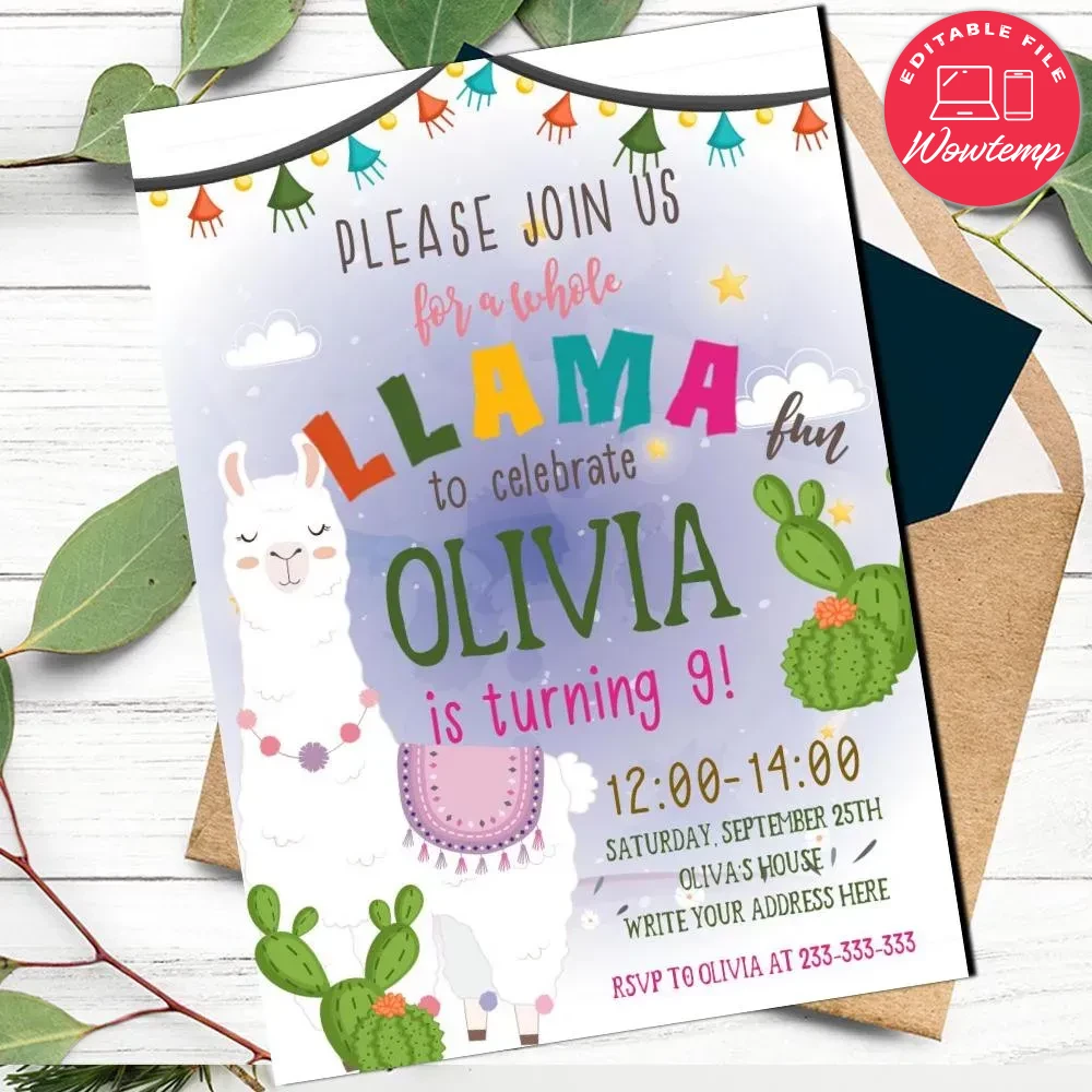 Editable Llama Party Happy Birthday Invitation DIY | Wowtemp