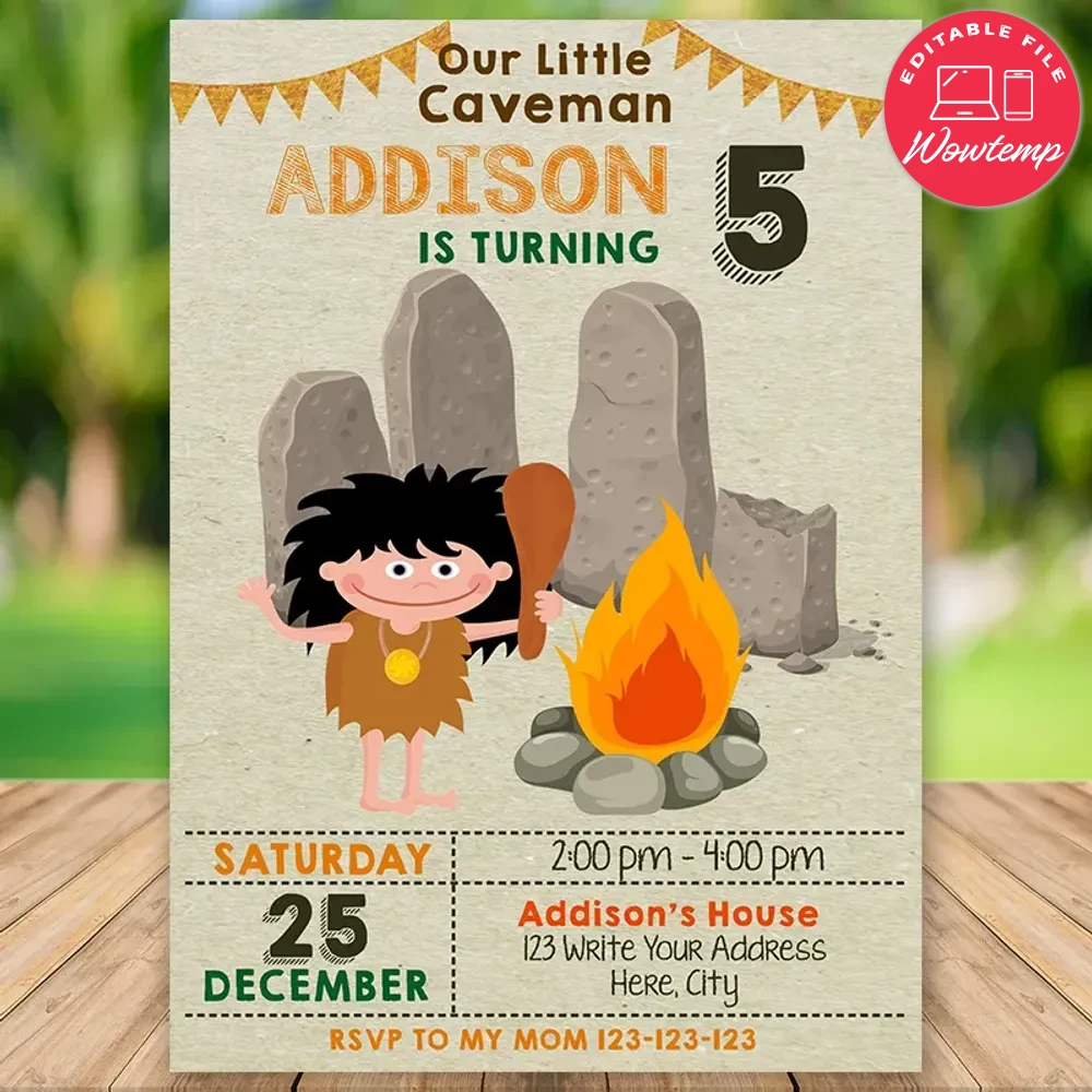 Editable Prehistoric Caveman Kids Birthday Invitations DIY | Wowtemp