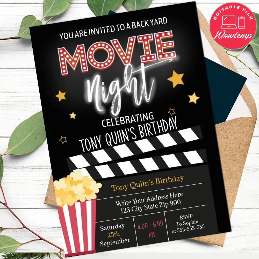 Editable Backyard Movie Night Party Invitations Instant Download | Wowtemp