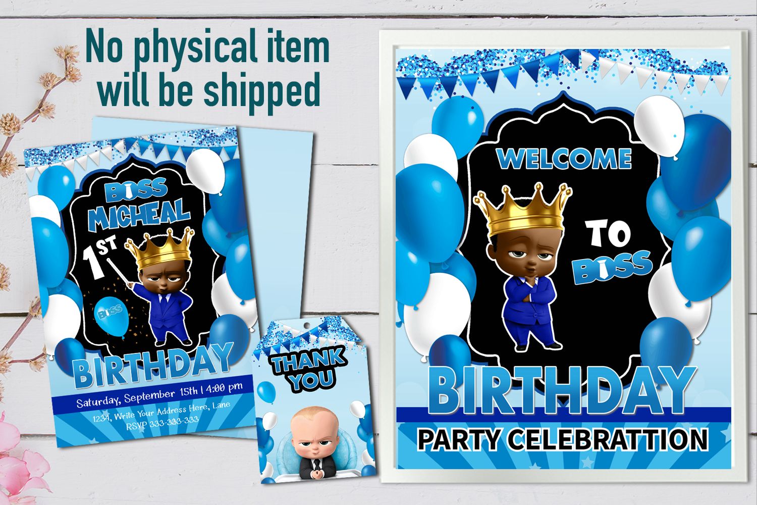 Editable The King Boss African American Baby invitation Kit Set | Wowtemp