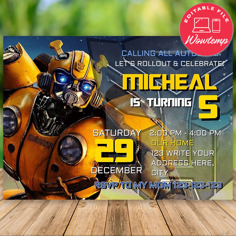 Editable Transformers Bumblebee Birthday Invitations DIY | Wowtemp