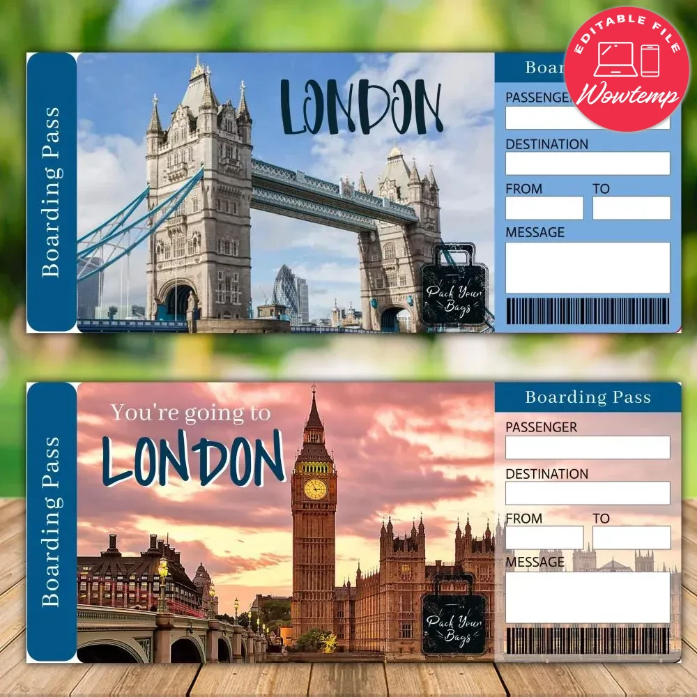 Editable LONDON Surprise Trip Gift Ticket Instant Download | Wowtemp