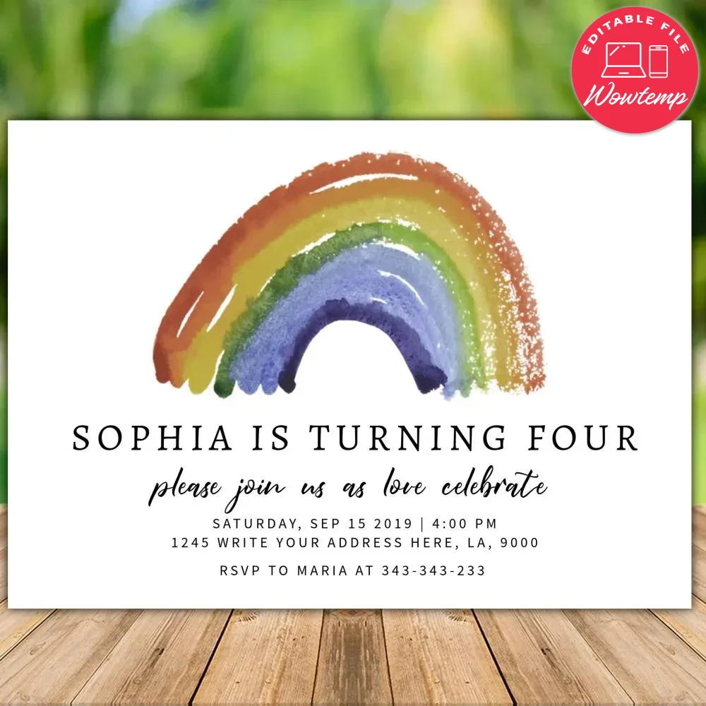 Printable Rainbow 4th Birthday Invitations Instant Download | Wowtemp