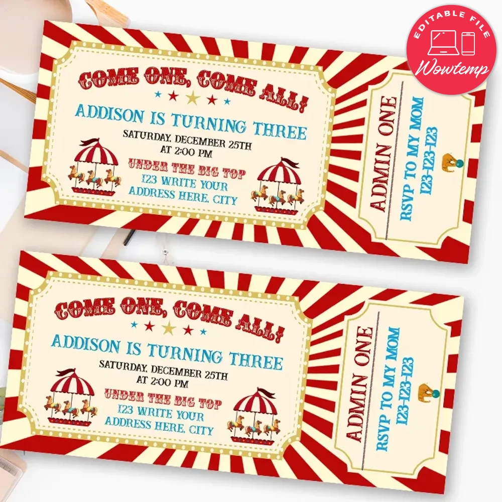 Editable Carousel Ticket Birthday Invitation Instant Download | Wowtemp