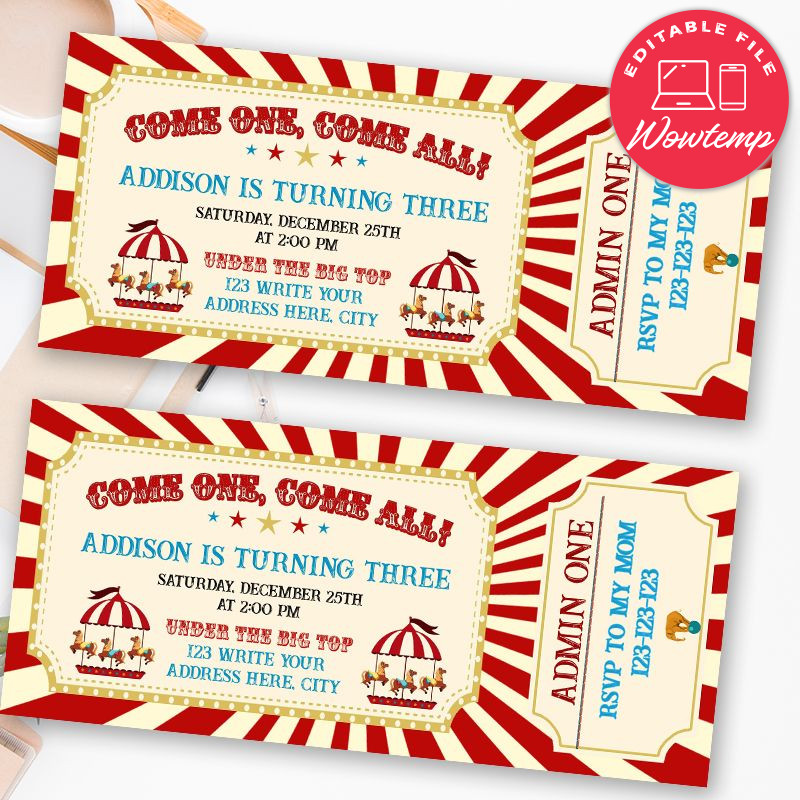 Editable Carousel Ticket Birthday Invitation Instant Download | Wowtemp