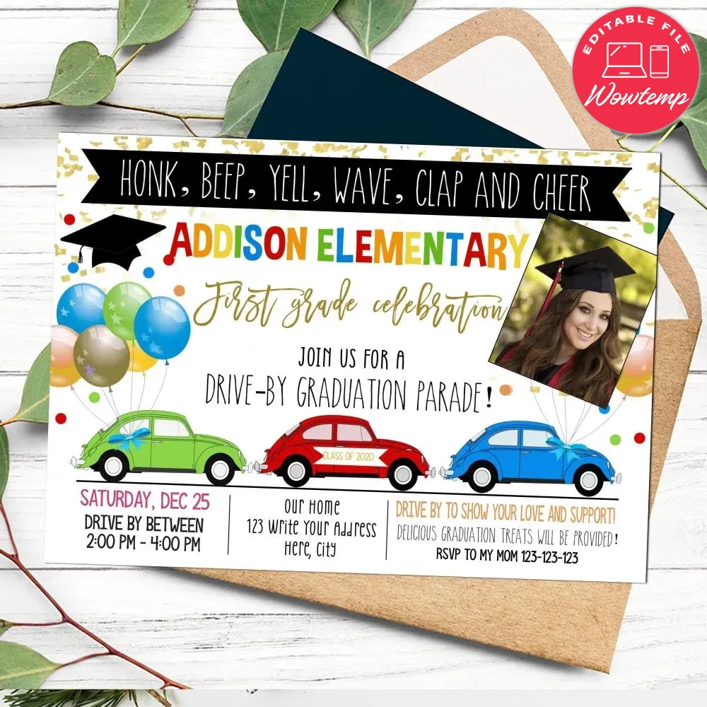 Printable Drive By Grad Parade Invitation With Photo DIY | Wowtemp