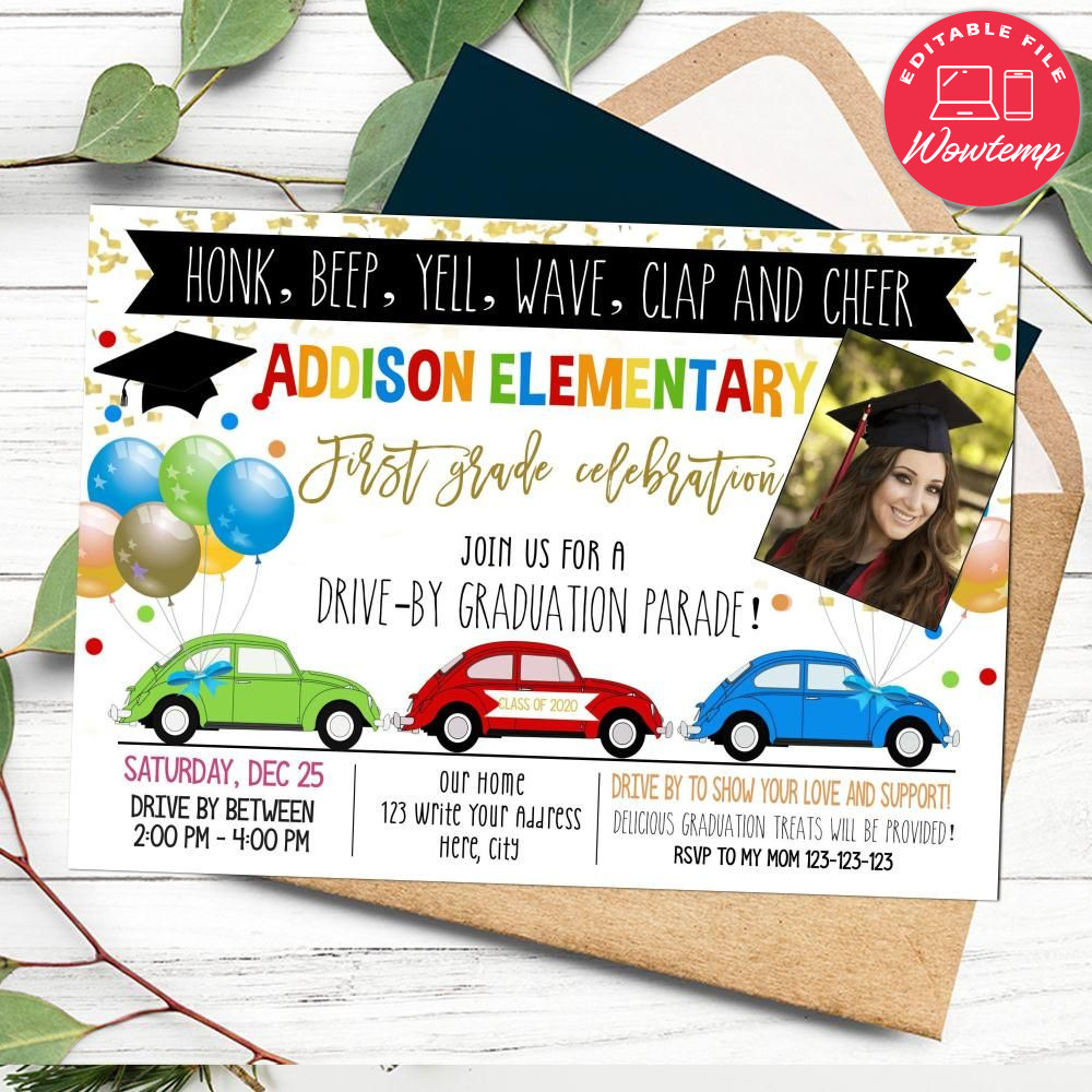 Printable Drive By Grad Parade Invitation With Photo DIY | Wowtemp