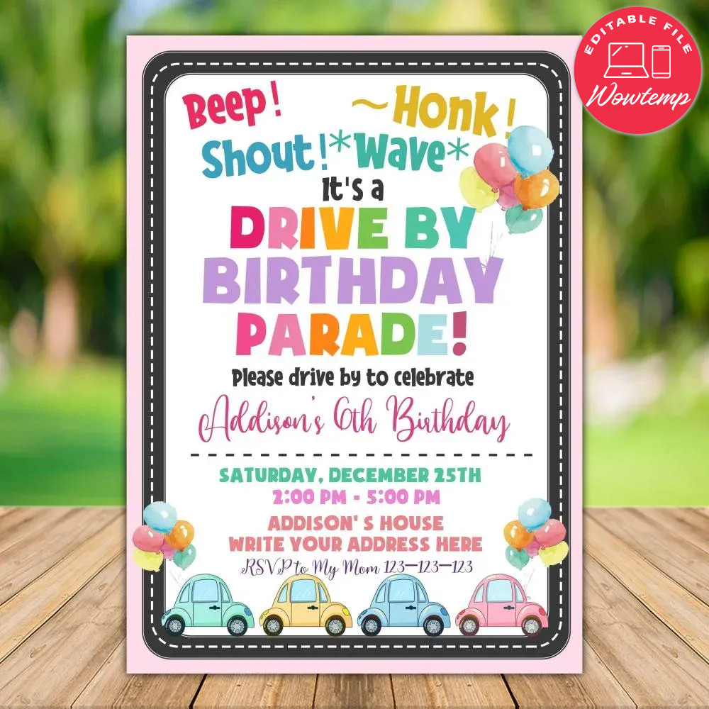 Printable Car Parade Pastels Birthday Flyer Instant Download | Wowtemp