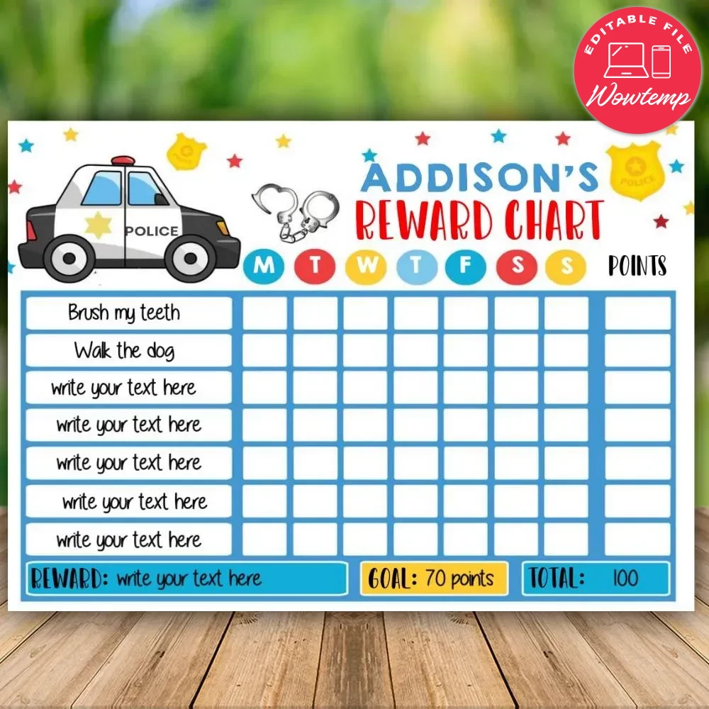 Printable Police Kids Responsibility Chore Chart Instant Download | Wowtemp