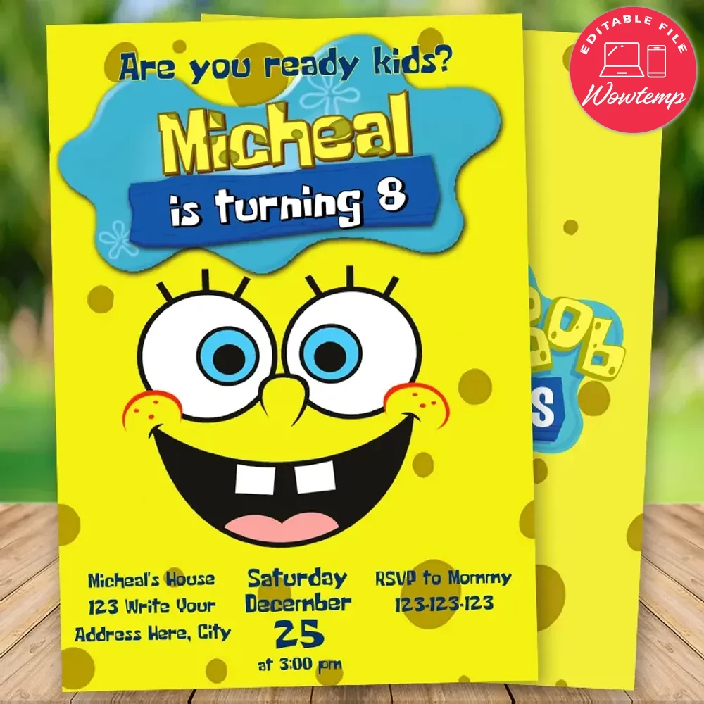 Editable SpongeBob Birthday Flyer and Free Thank You Card | Wowtemp