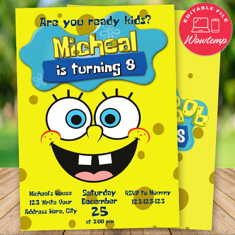 Editable SpongeBob Birthday Flyer and Free Thank You Card | Wowtemp