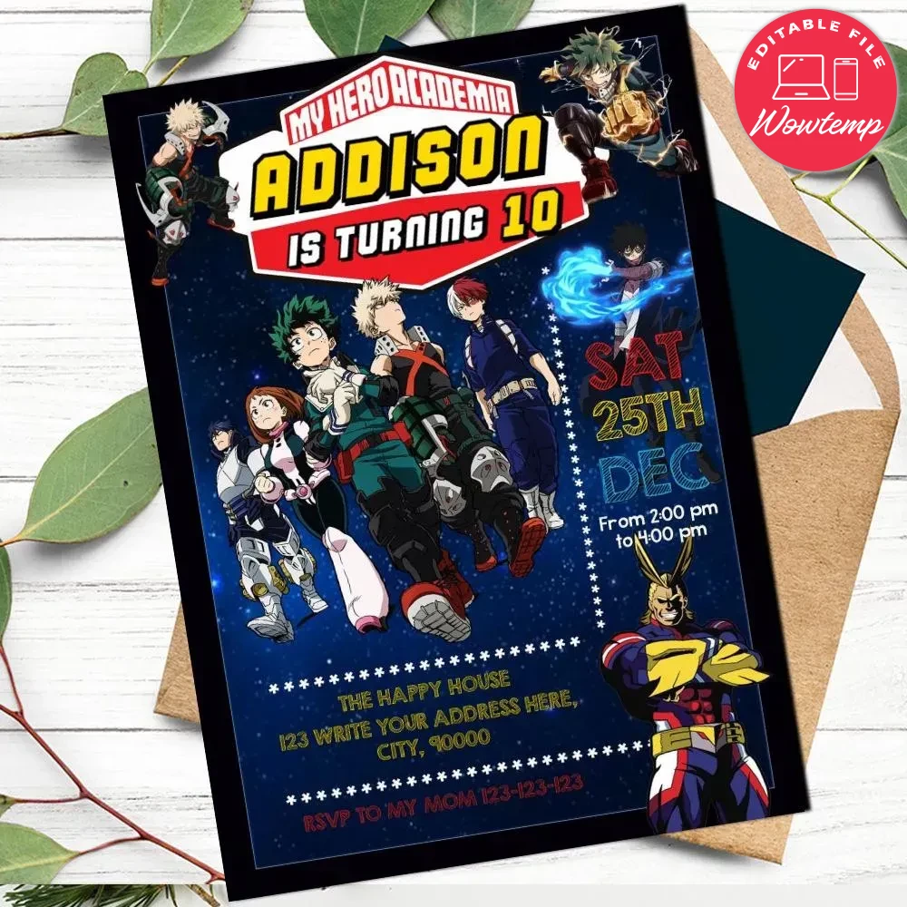 Editable My Hero Academia Birthday Invitations Instant Download | Wowtemp
