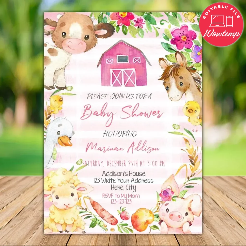 Printable Girl Barnyard Baby Shower Invitation Template DIY | Wowtemp