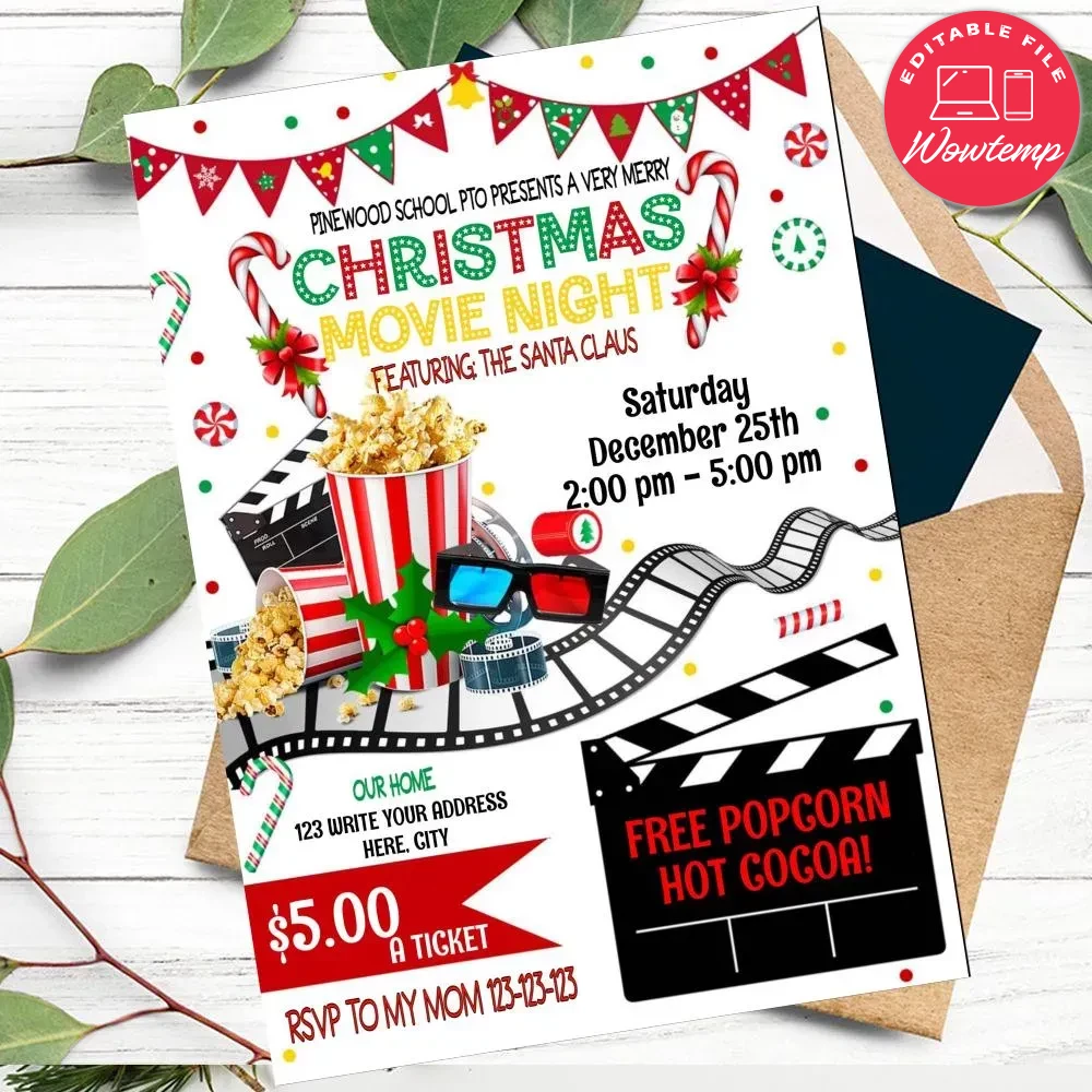 Christmas Movie Night Flyer Invitation Customizable Template DIY | Wowtemp