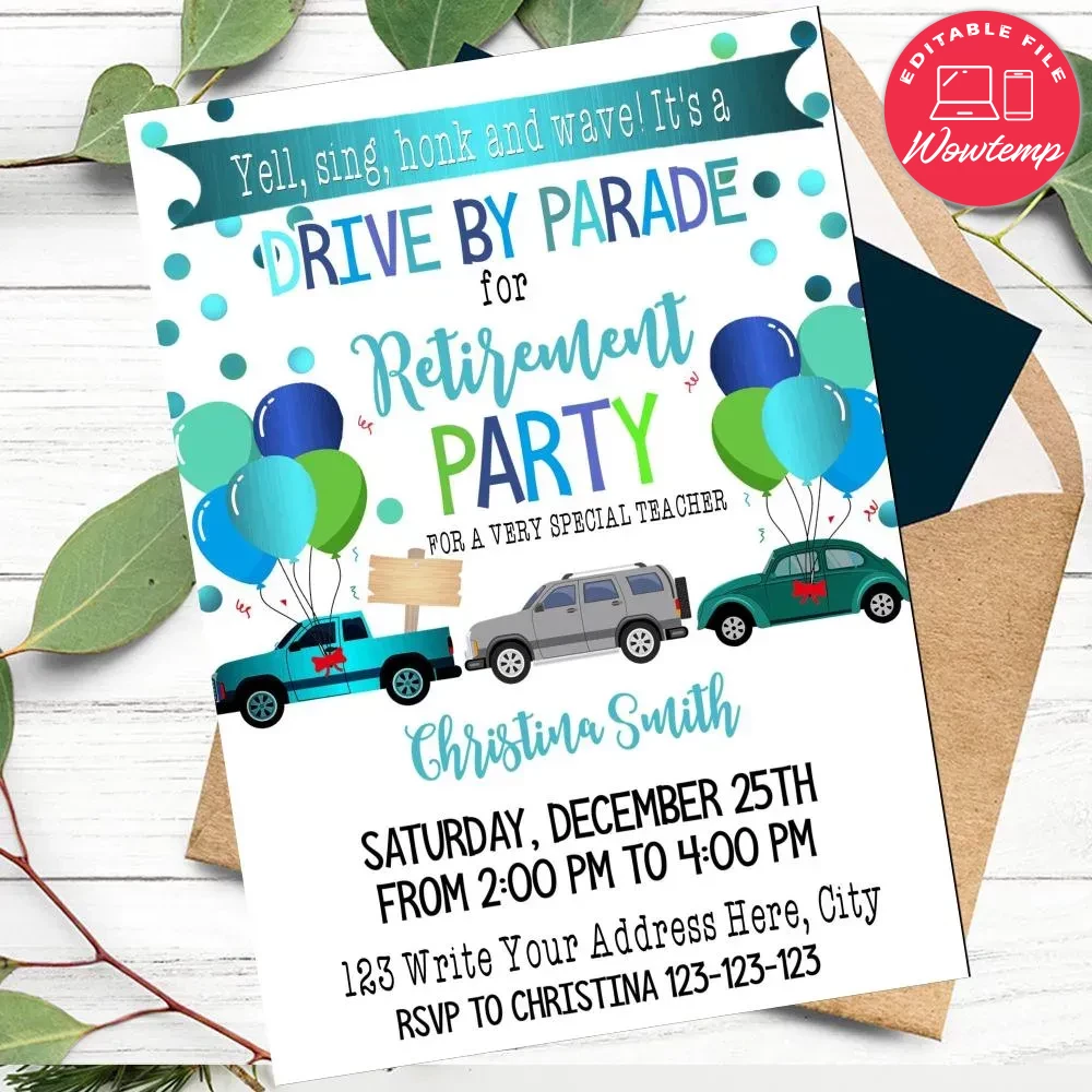 Drive By Parade for Retirement Party Invitation to Print at Home | Wowtemp