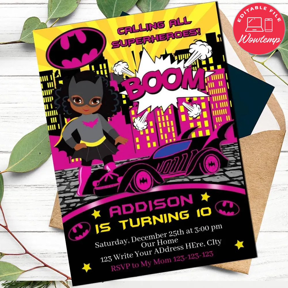 African American Batgirl Birthday Flyer for Girl Printable | Zingtemp