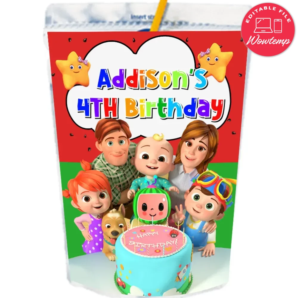 Cocomelon Juice Pouch Labels Digital File Printable DIY | Wowtemp