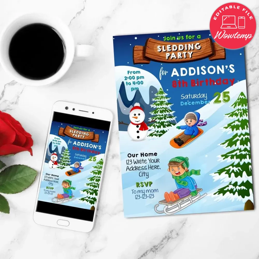 Editable Sledding Party Invitation Instant Download | Wowtemp