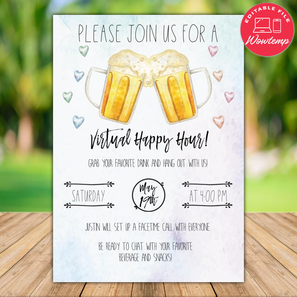 Printable Virtual Happy Hour Invitation Template Instant Download | Wowtemp