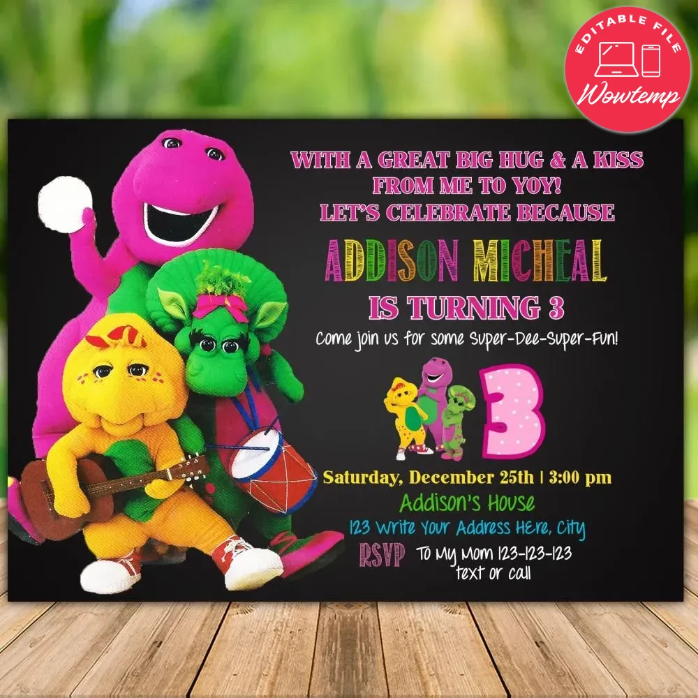 Printable Barney Birthday Invitation Instant Download | Wowtemp
