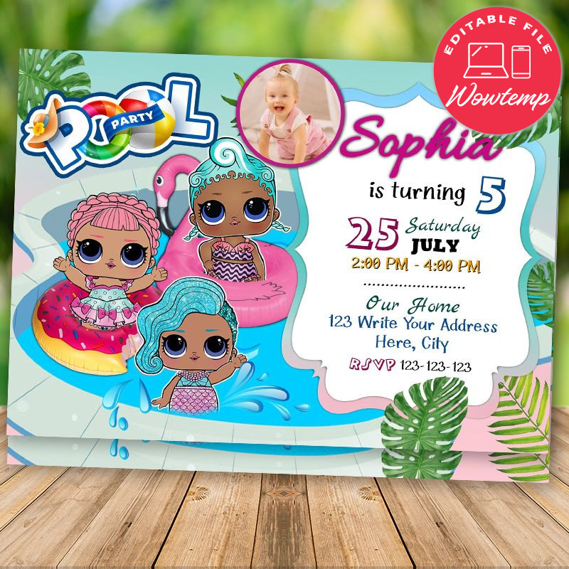 Editable Lol doll Pool Party With Photo Instant Download | Wowtemp