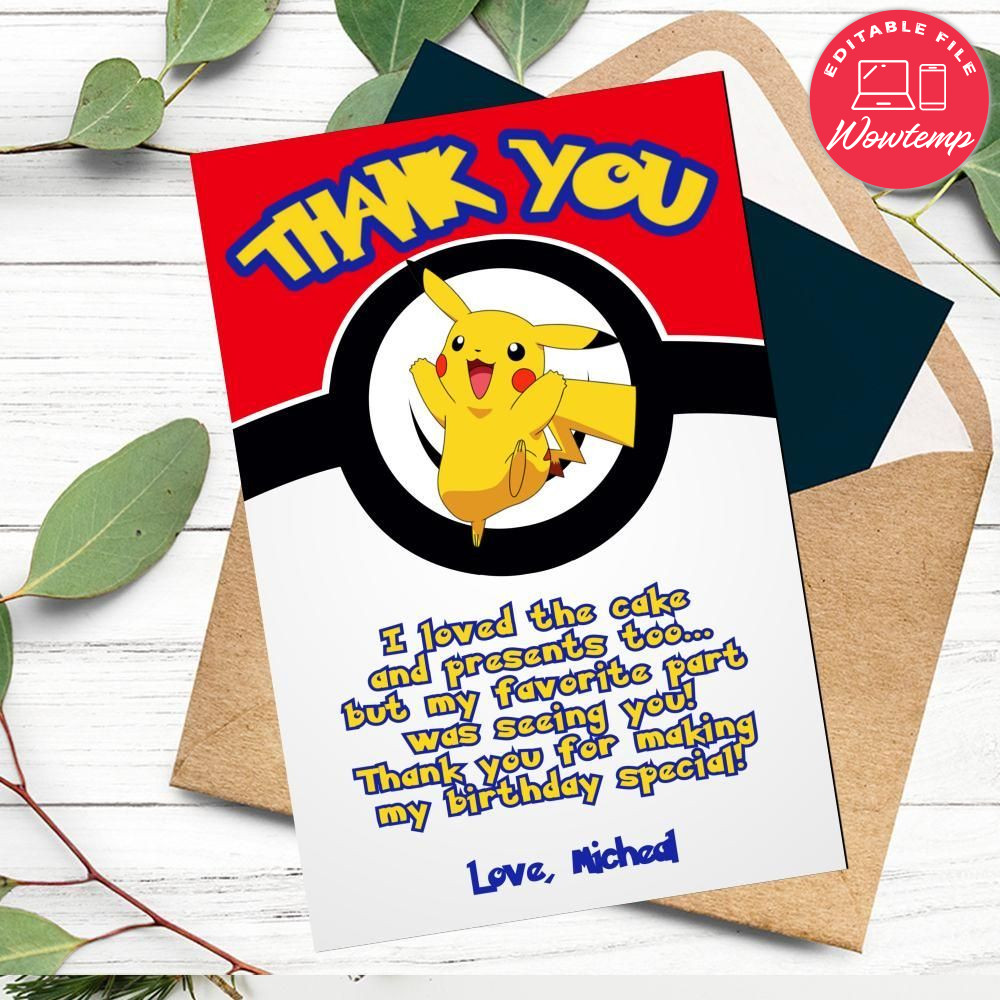 Pokemon Pikachu Thank you card Template to Print at Home | Wowtemp