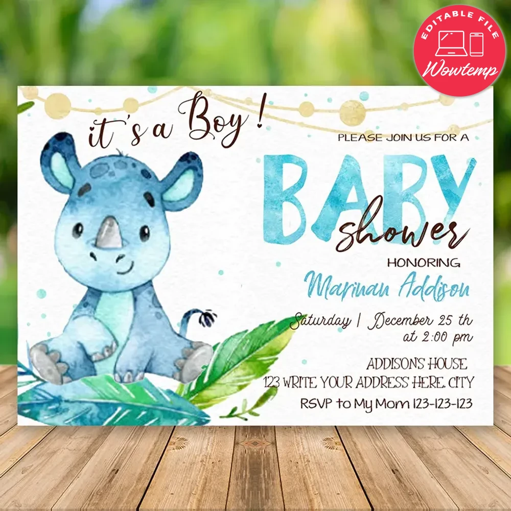 Editable Rhino Baby Shower Invitation For Boy Instant Download | Wowtemp