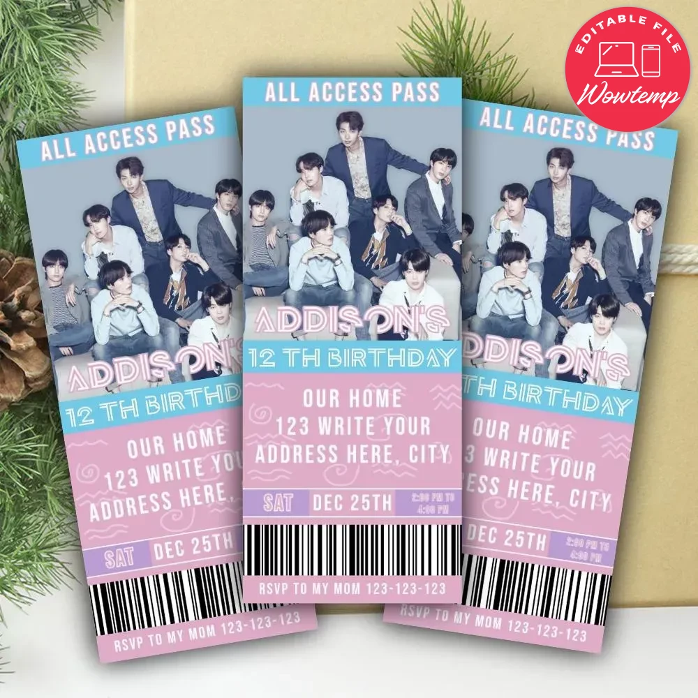 Editable BTS Ticket Birthday Invitation Instant Download | Wowtemp