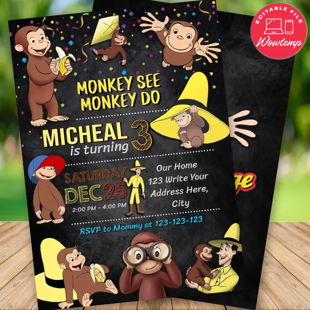 Editable Curious George Birthday Invitations Digital File | Wowtemp