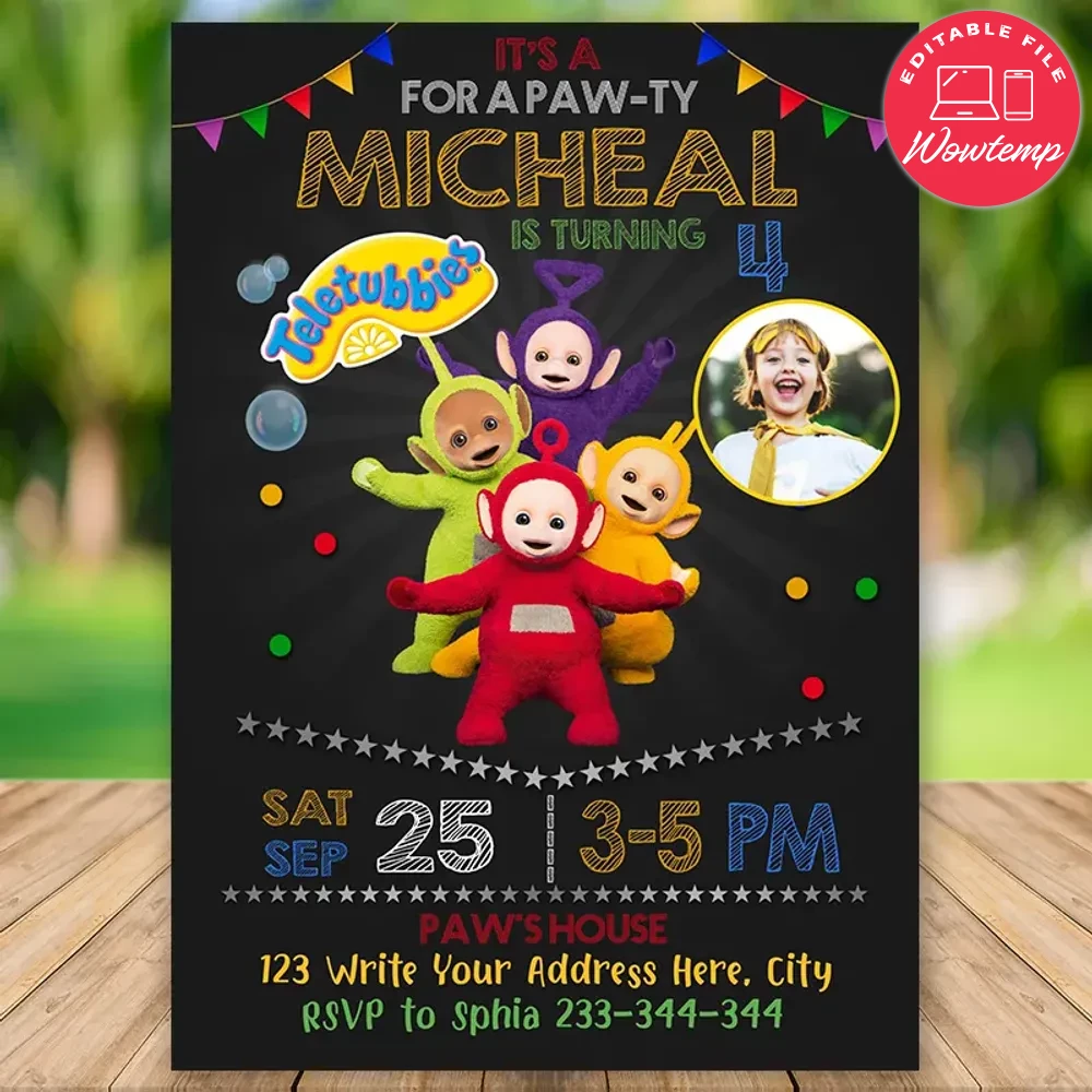 Editable Teletubbies Birthday Invitation With Photo DIY | Wowtemp