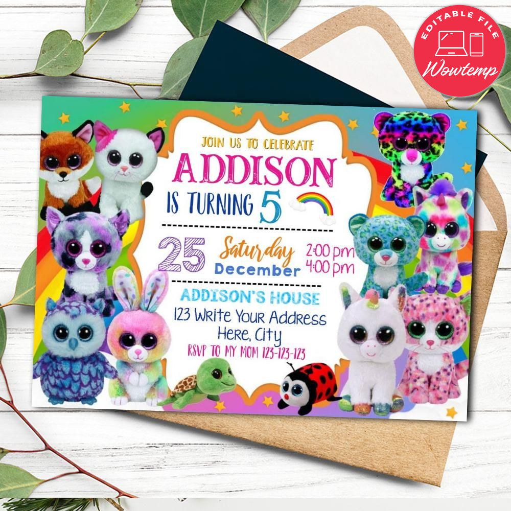 Fluffy Beanie Boo Invitation Customizable template DIY | Wowtemp