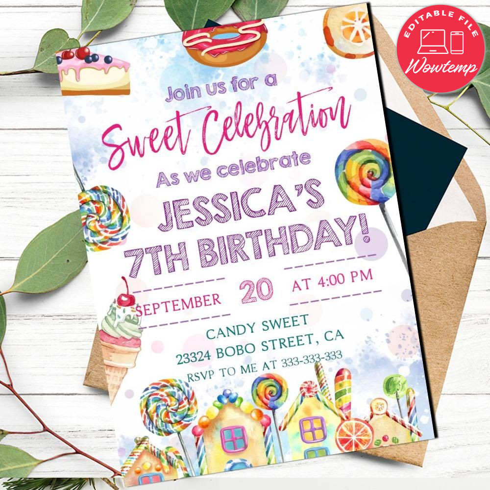 Editable Sweet Candy Birthday Invitations Instant Download | Wowtemp