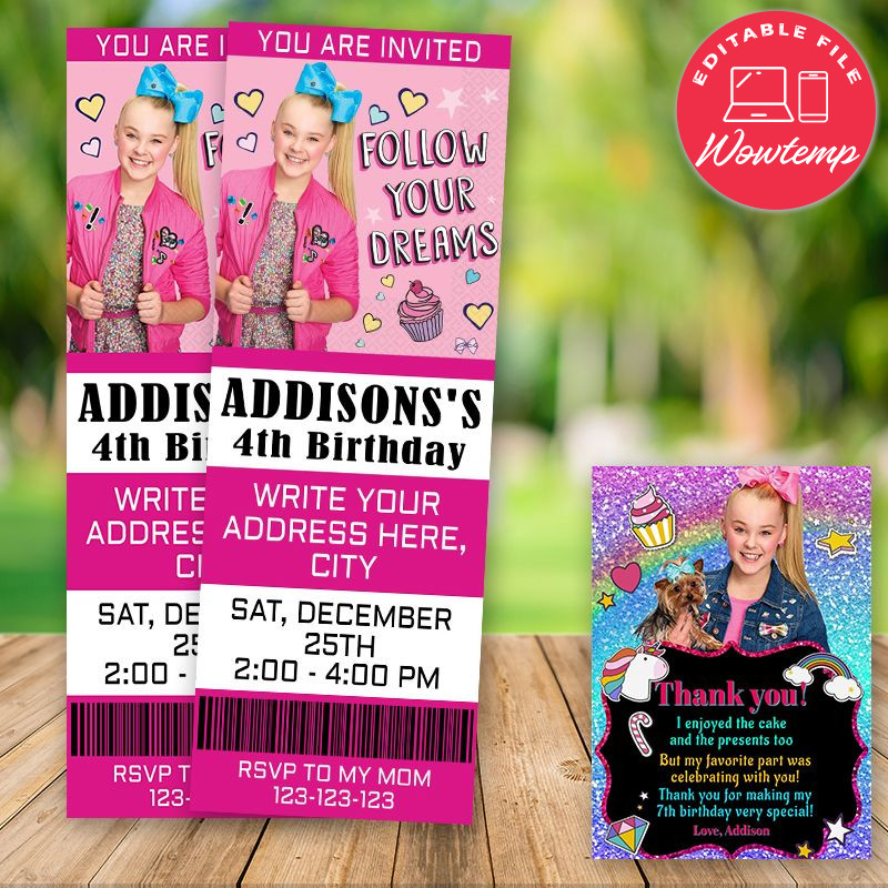 Editable Jojo Siwa Ticket Birthday Invitation Instant Download | Wowtemp