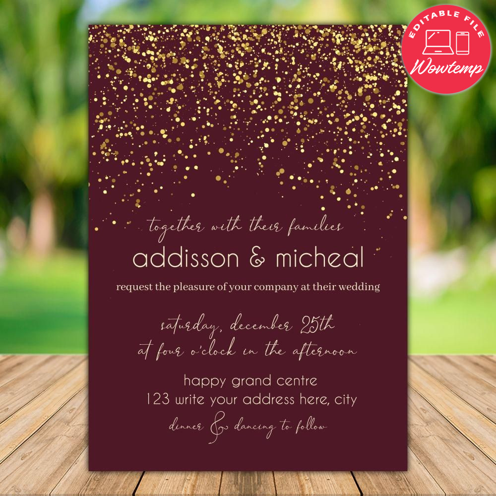 Printable Maroon Gold Wedding Invitation Instant Download | Wowtemp