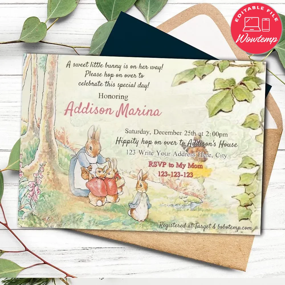 Editable Peter Rabbit Baby Shower Invitation Instant Download | Wowtemp