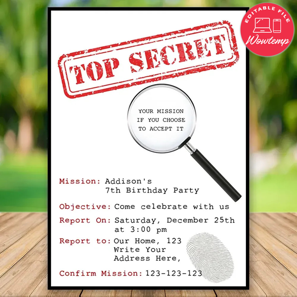 Editable Top Secret Agent Detective Birthday Flyer DIY | Wowtemp