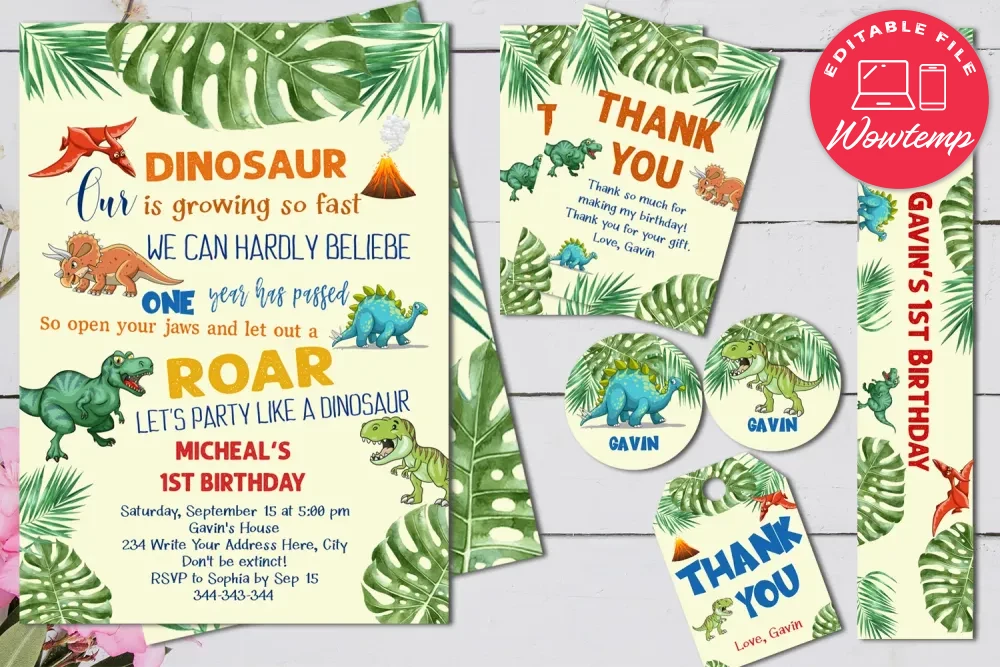 Dinosaur First Birthday Flyer SET T rex Dinosaur SET | Wowtemp