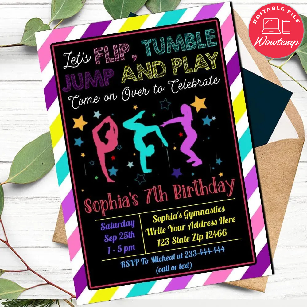 Editable Cute Gymnastic Birthday Flyer Girl Party Invite DIY | Wowtemp