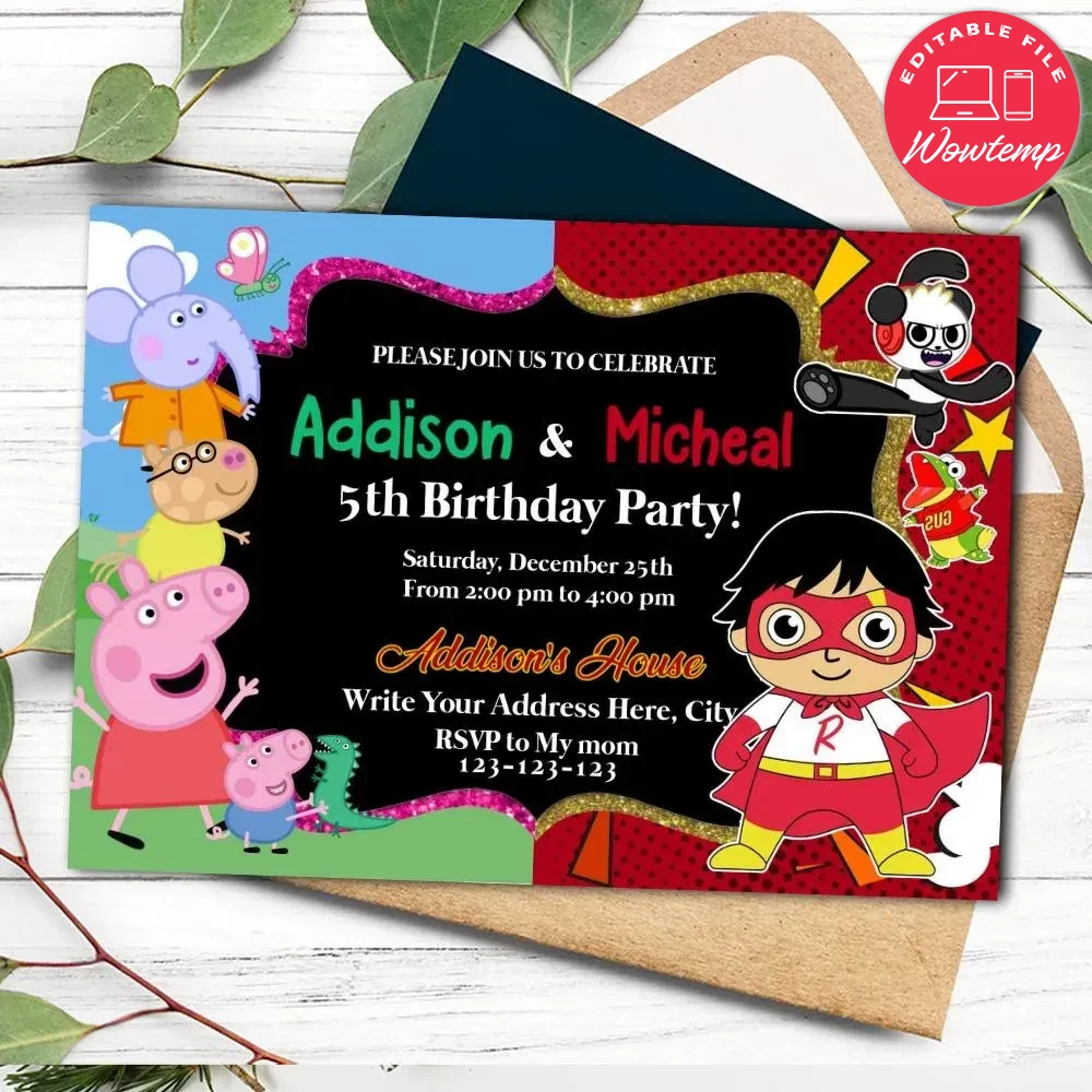 Peppa Pig And Ryans World Joint Birthday Invitation Printable DIY | Wowtemp