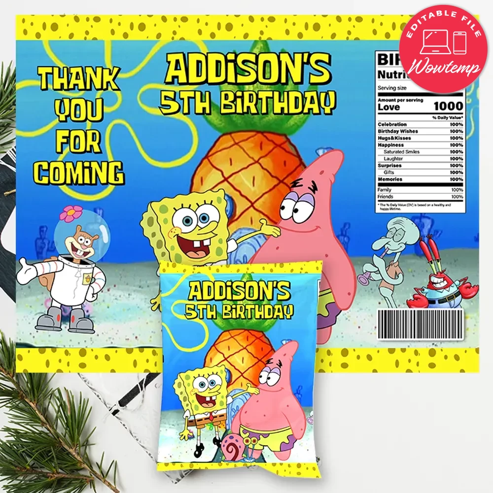Spongebob Birthday Chip Bag Digital File Printable DIY | Wowtemp
