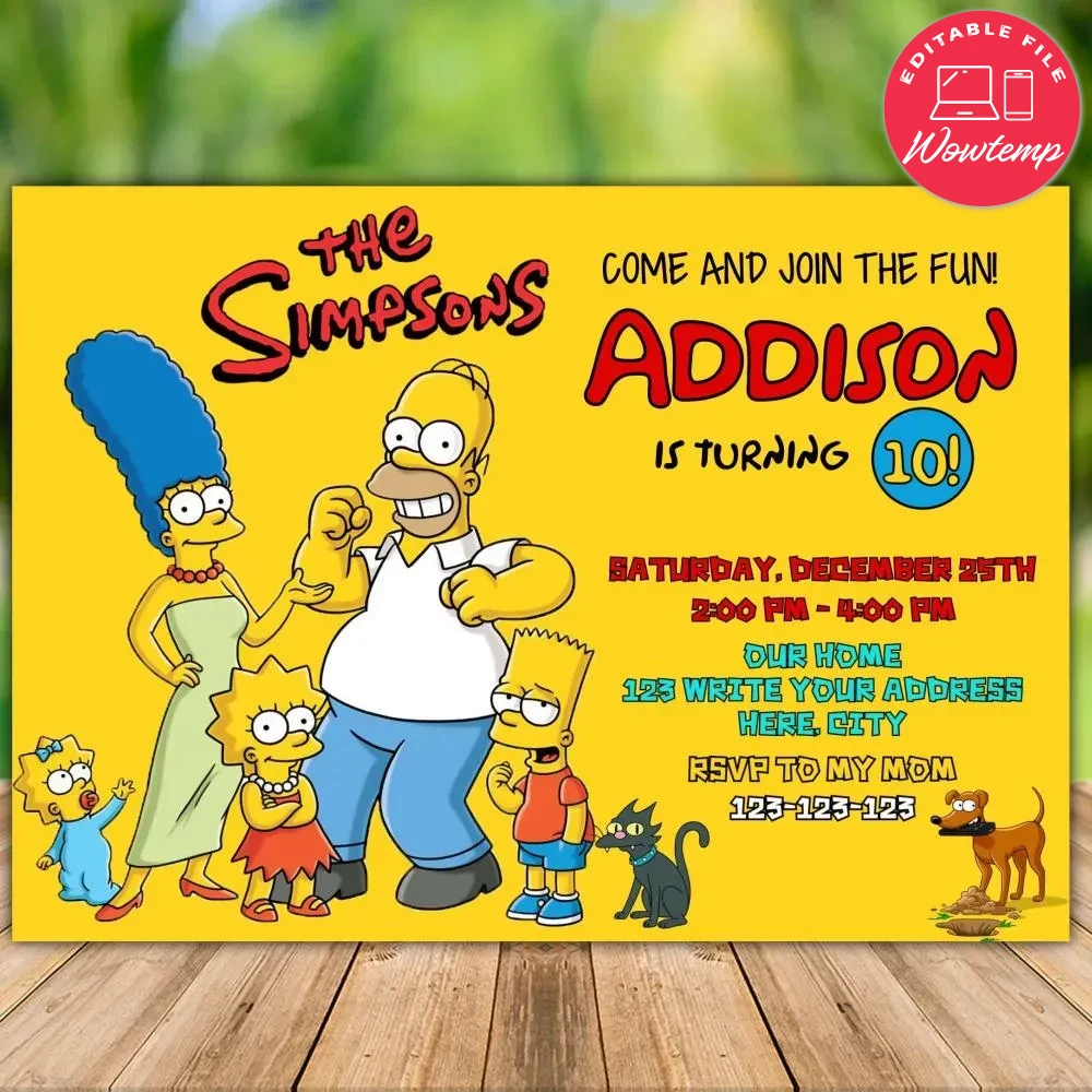 Printable Simpsons Birthday Invitation Instant Download | Wowtemp