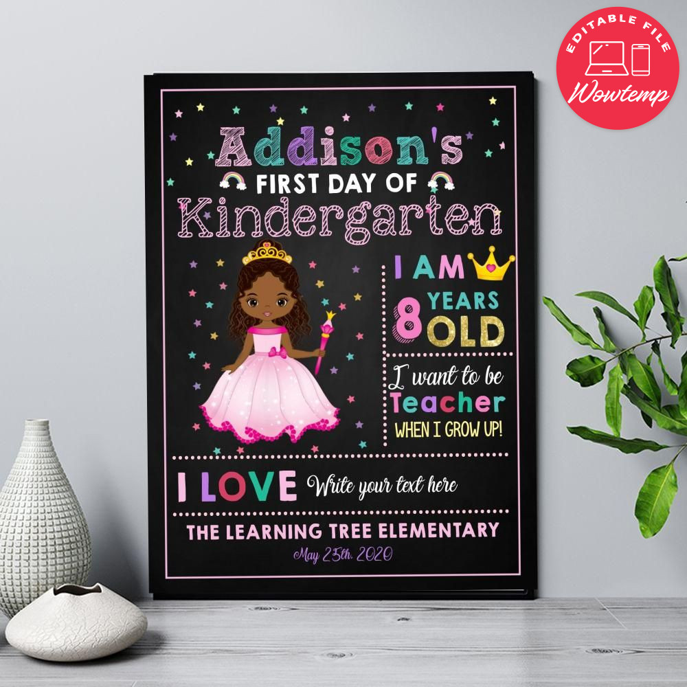 Black Princess First Day of Preschool Chalkboard Sign Printable | Wowtemp